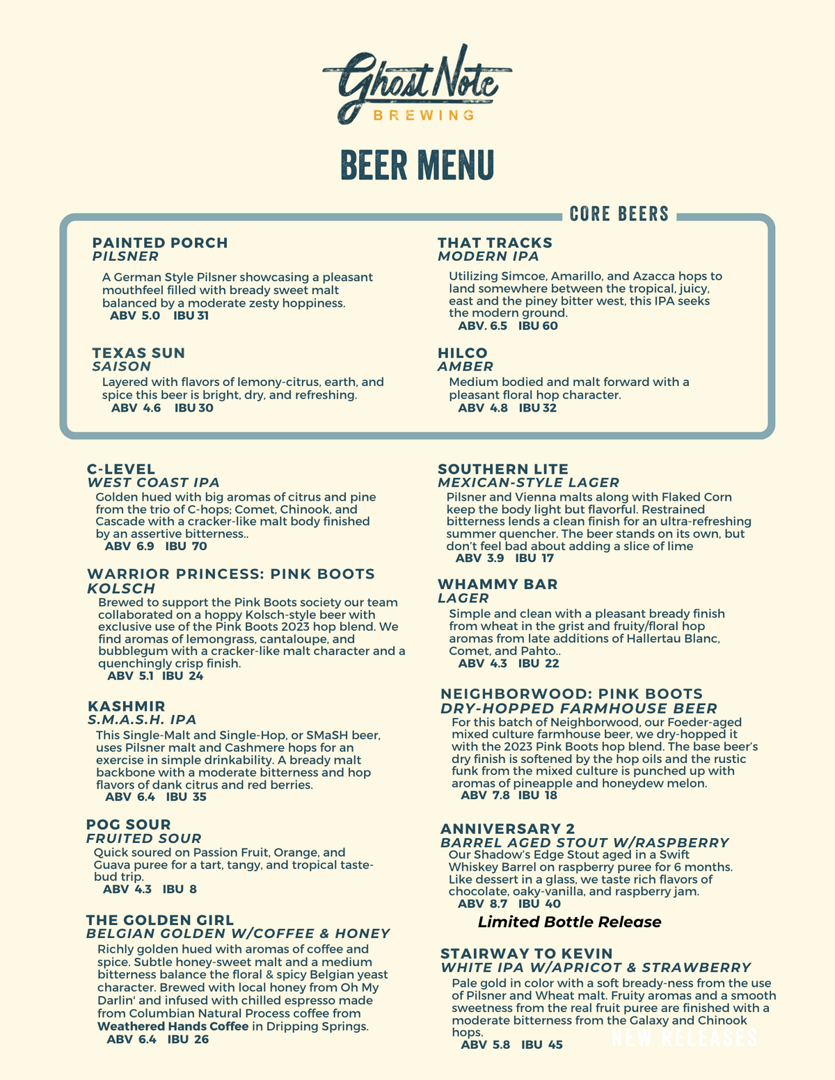 Beer Menu - Ghost Note Brewing